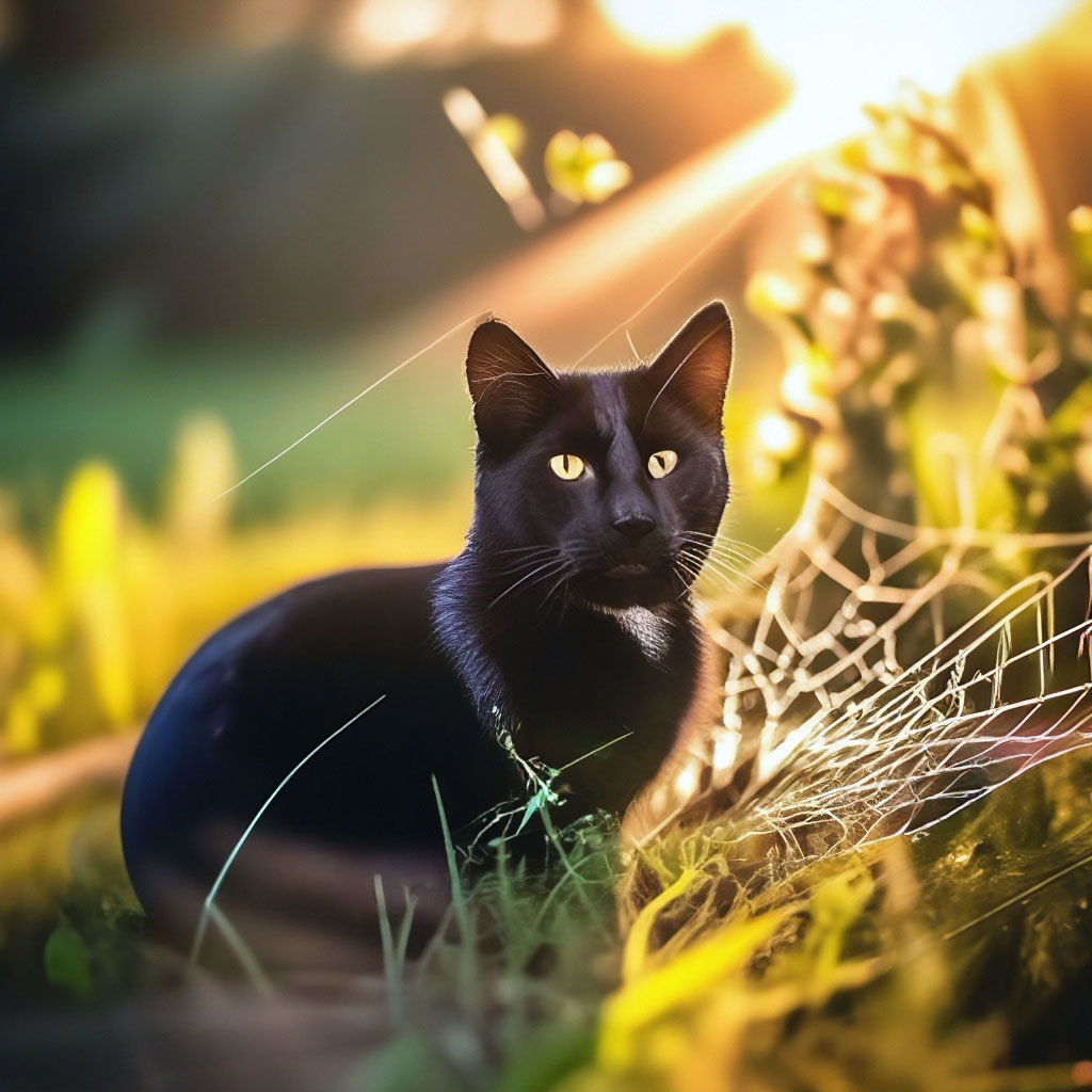 "Indian summer, a spider's web is flying, a black cat with white paws ...