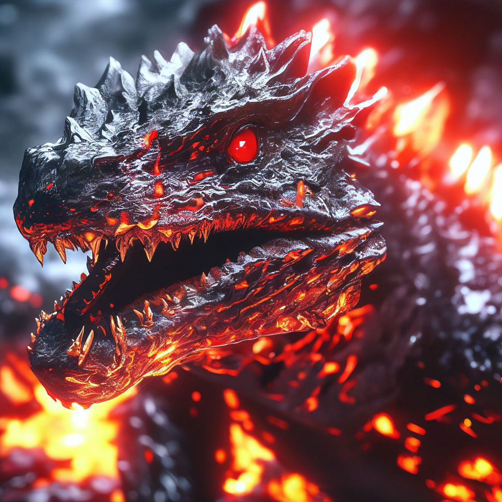 "Yper realistic beautiful lava, consisting of fire and lava dinosaur ...