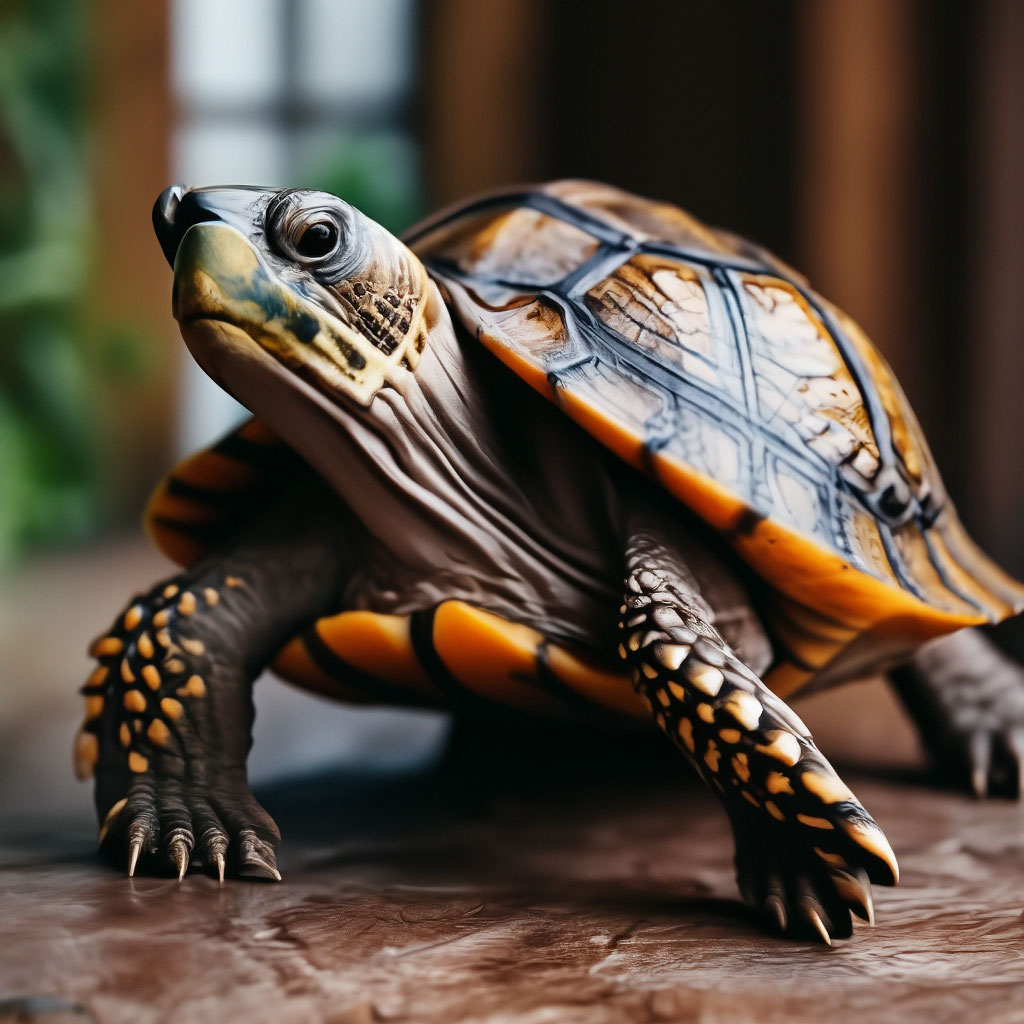 "The turtle is standing on its hind legs, bent over, the shell is ...