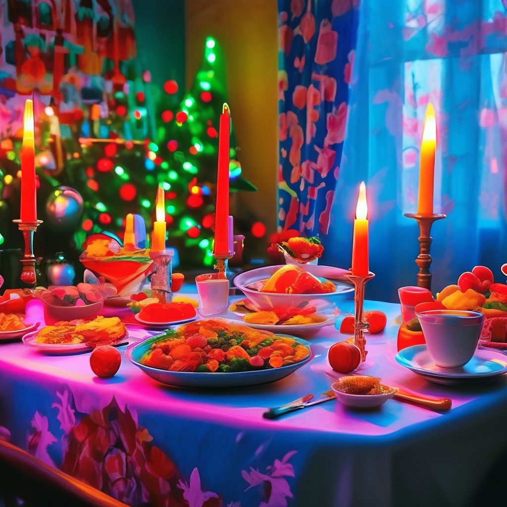 "Realism, bright colors, a Soviet New Year's table with traditional ...