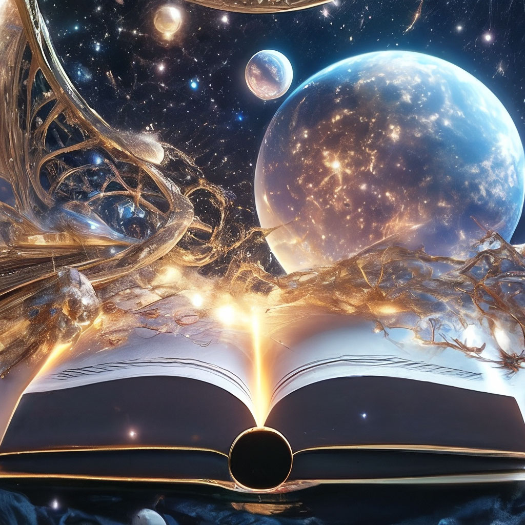 "An epic book with space, stars, galaxies, clouds, planets, and the sea ...
