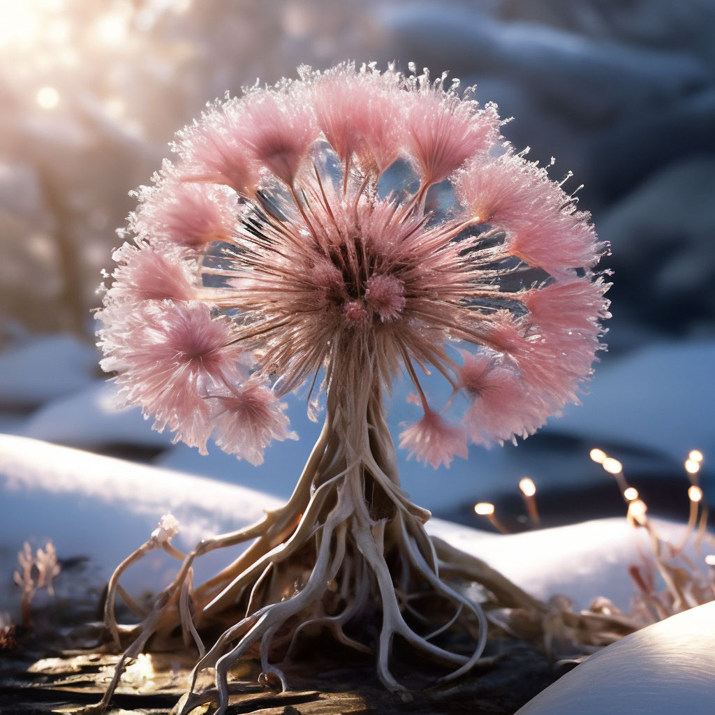 "Hybrid of a tree and a dandelion, ultradetalized, sunny, mighty, pale ...