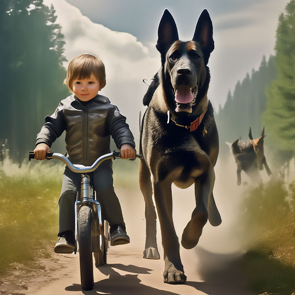 "A 2-year-old boy rides a Great Dane, a German shepherd runs next to ...