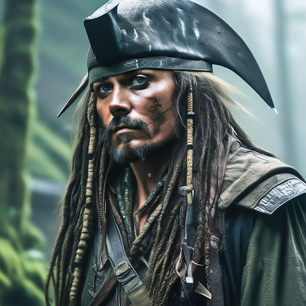 "Jack sparrow upd 32k cyberpunk, ski fi" — image created in Shedevrum