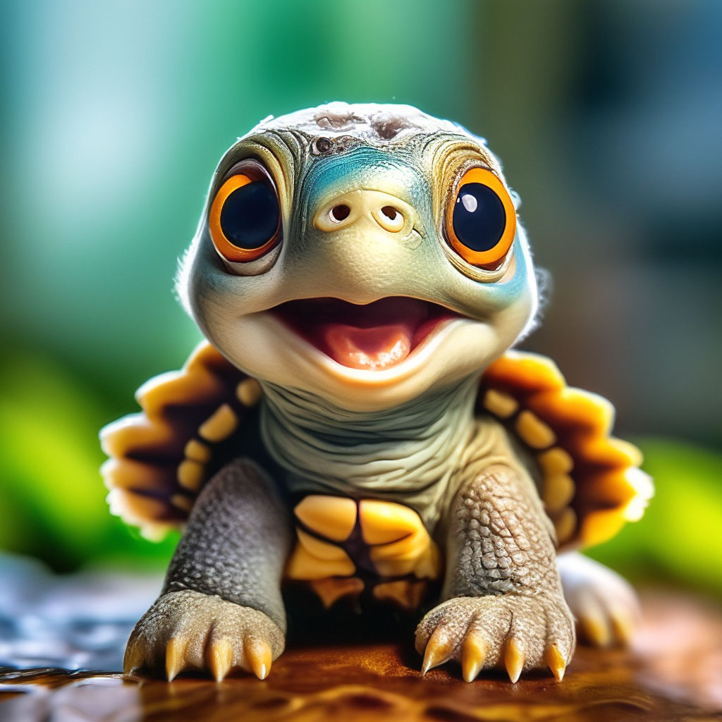 "@sonykpk Creepy funny fluffy bug-eyed baby turtle, smiling, sitting ...