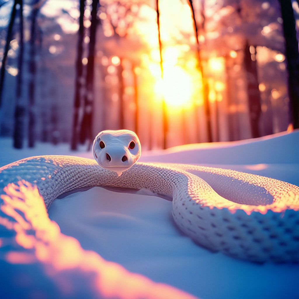 "A white snake made of snow in a winter forest" — image created in ...