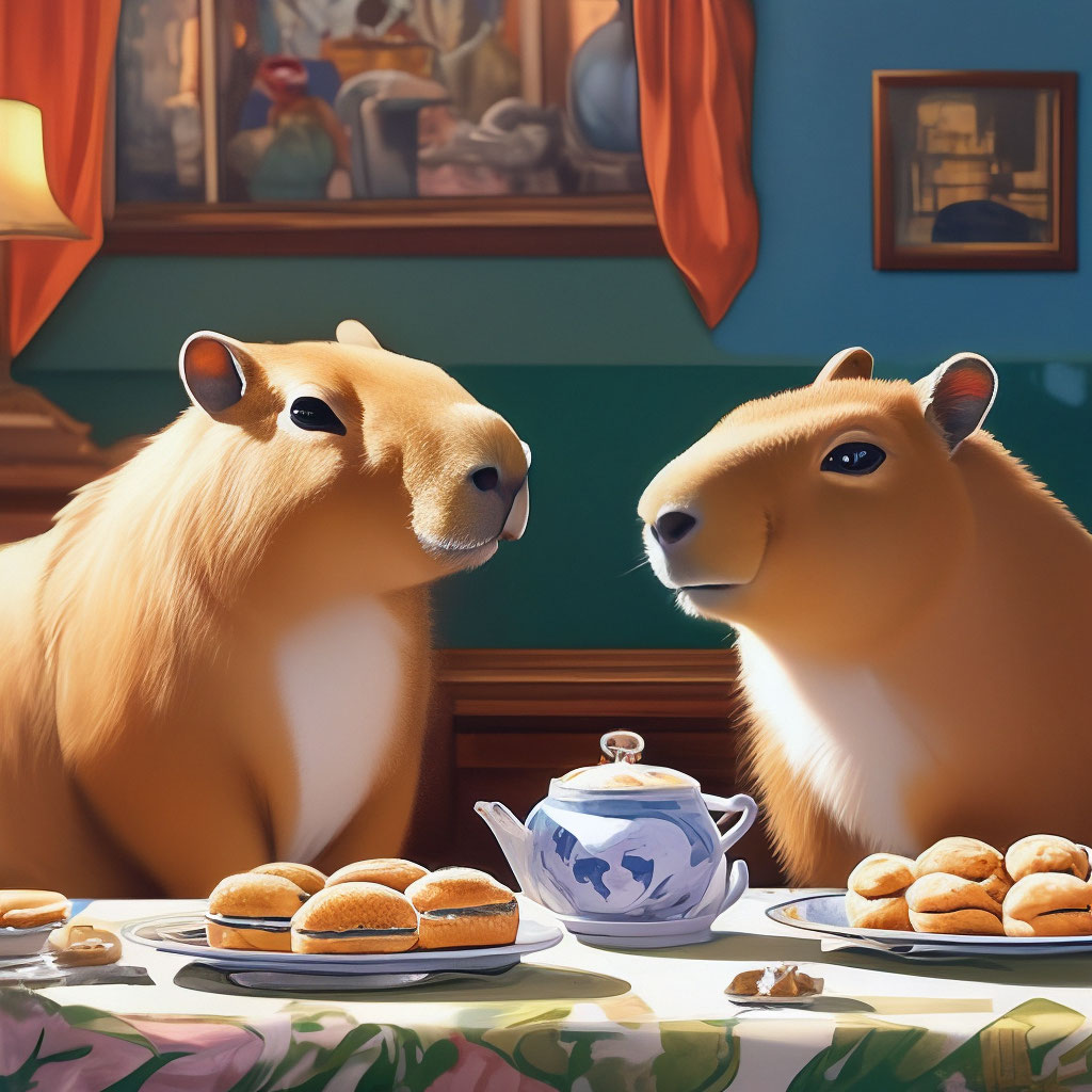 "Capybaras drink tea at the table and eat cookies." — image created in ...