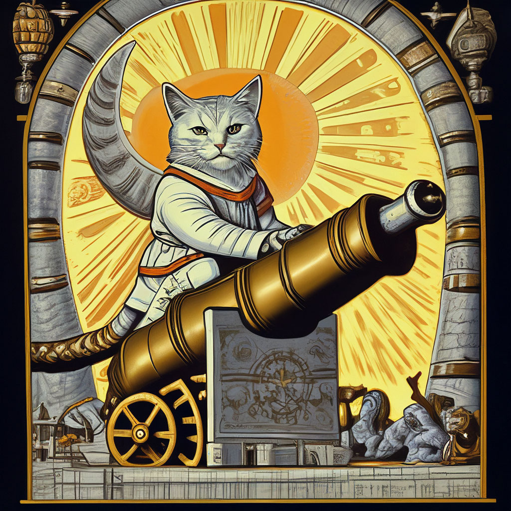 "A cat shoots from a cannon, a medieval engraving" — image created in ...