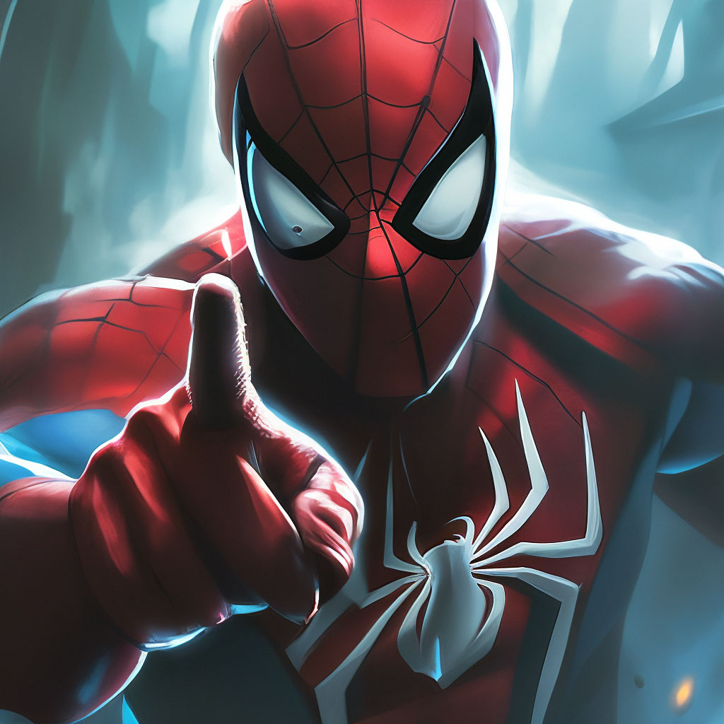 "Spider-Man arrogantly points his finger at the head" — image created ...