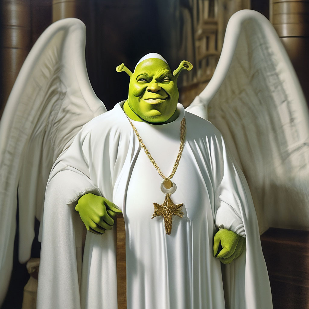"Shrek Angel in white robes,sarto" — image created in Shedevrum