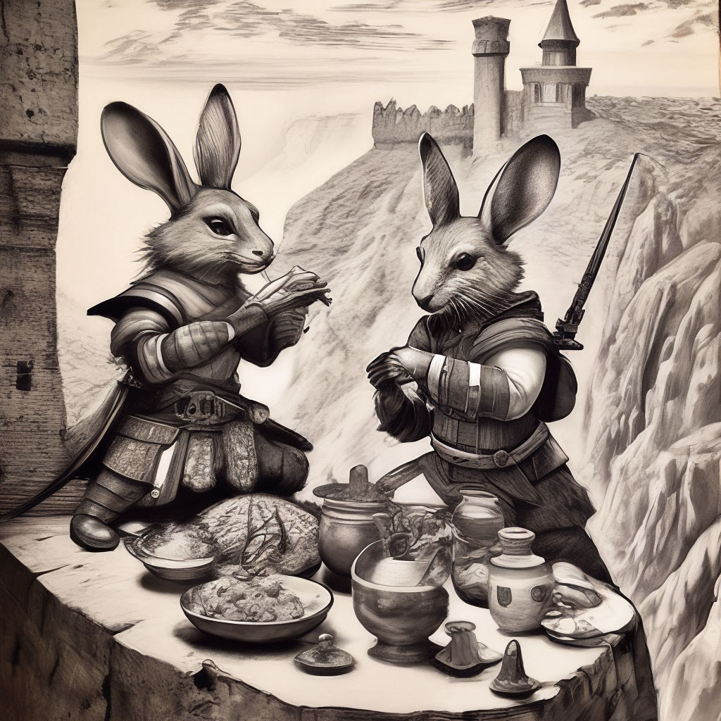 "Vintage detailed ink drawing - anthropomorphic hare-warrior and mouse ...