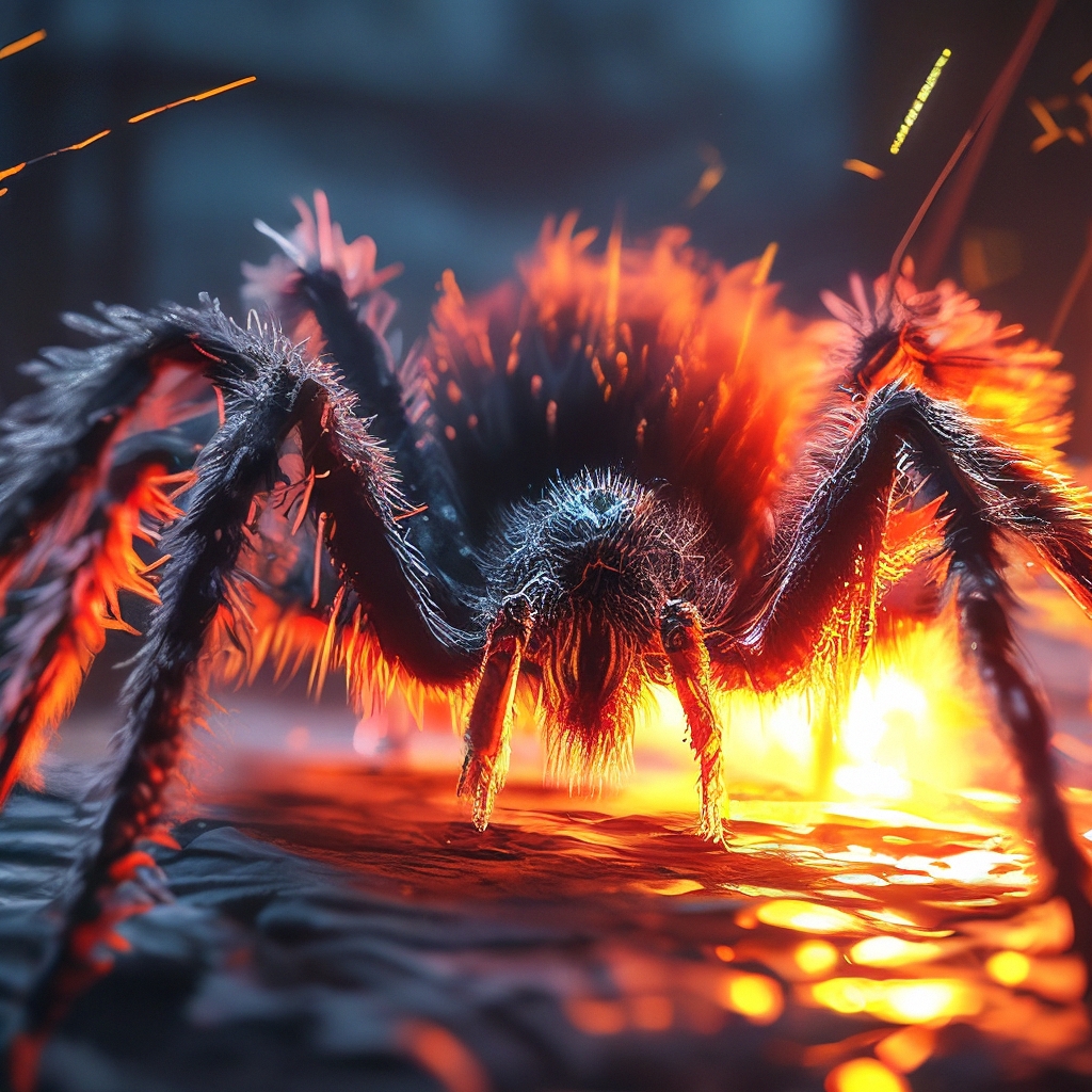 "Fiery shaggy spider in a web, high resolution, high detail, realistic ...
