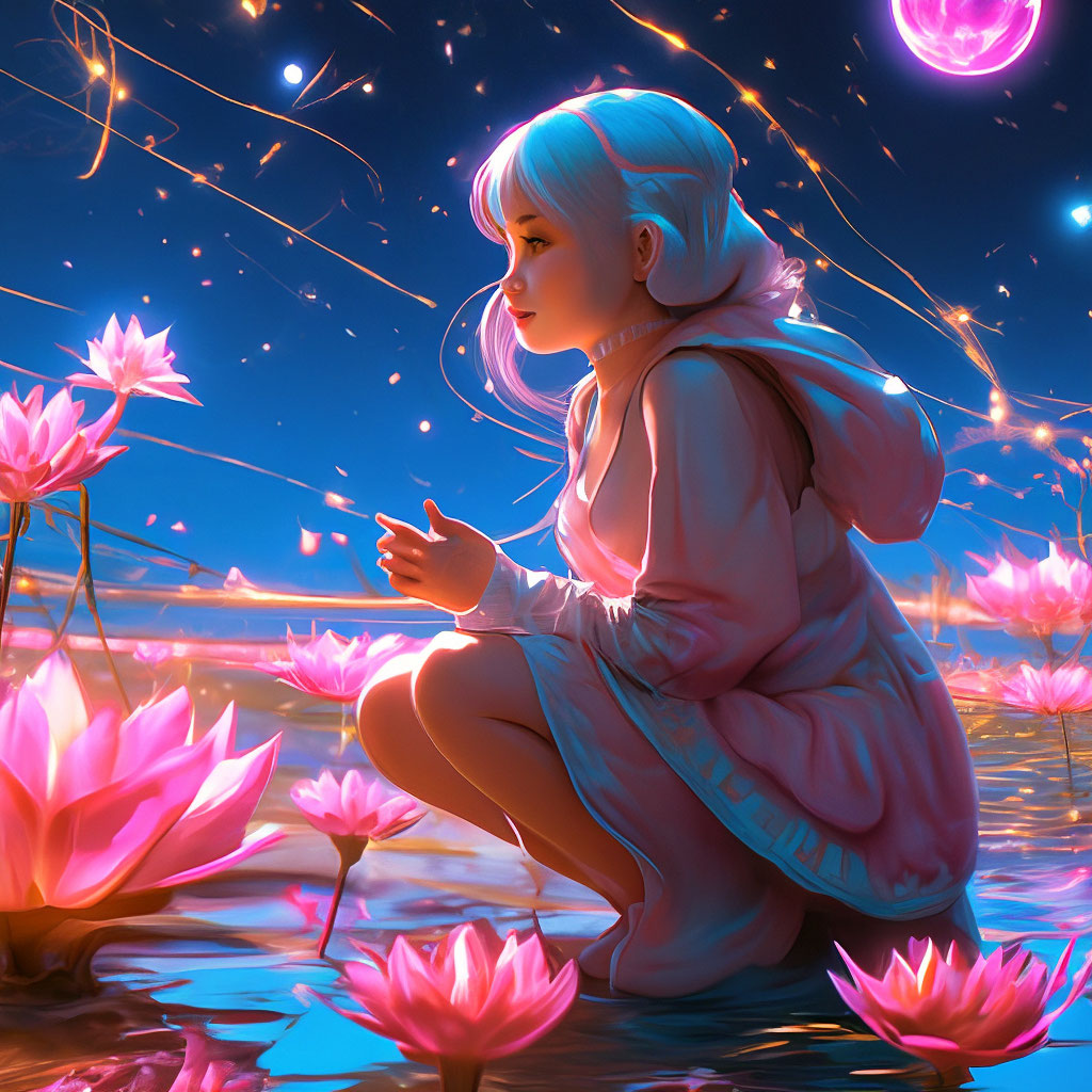"A girl from another world on the shore of a lake,big fantastic shining ...