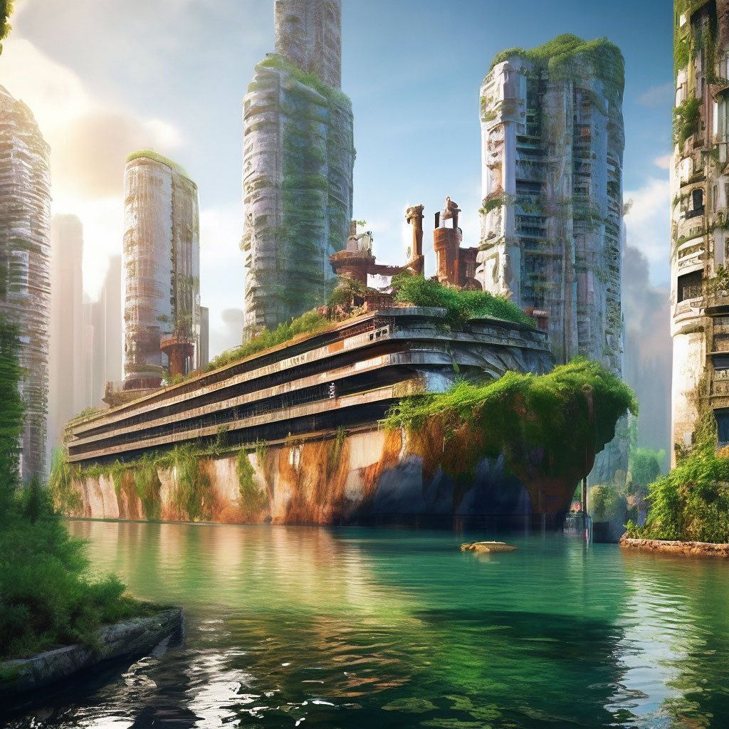 "A huge rusty cruise ship among the abandoned skyscrapers located right ...