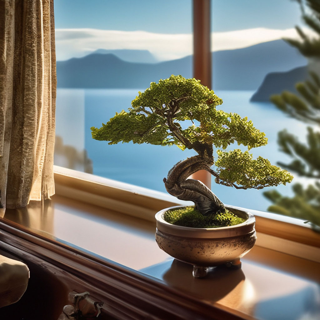 "There is a blooming bonsai on the windowsill. close-up. the sea and ...