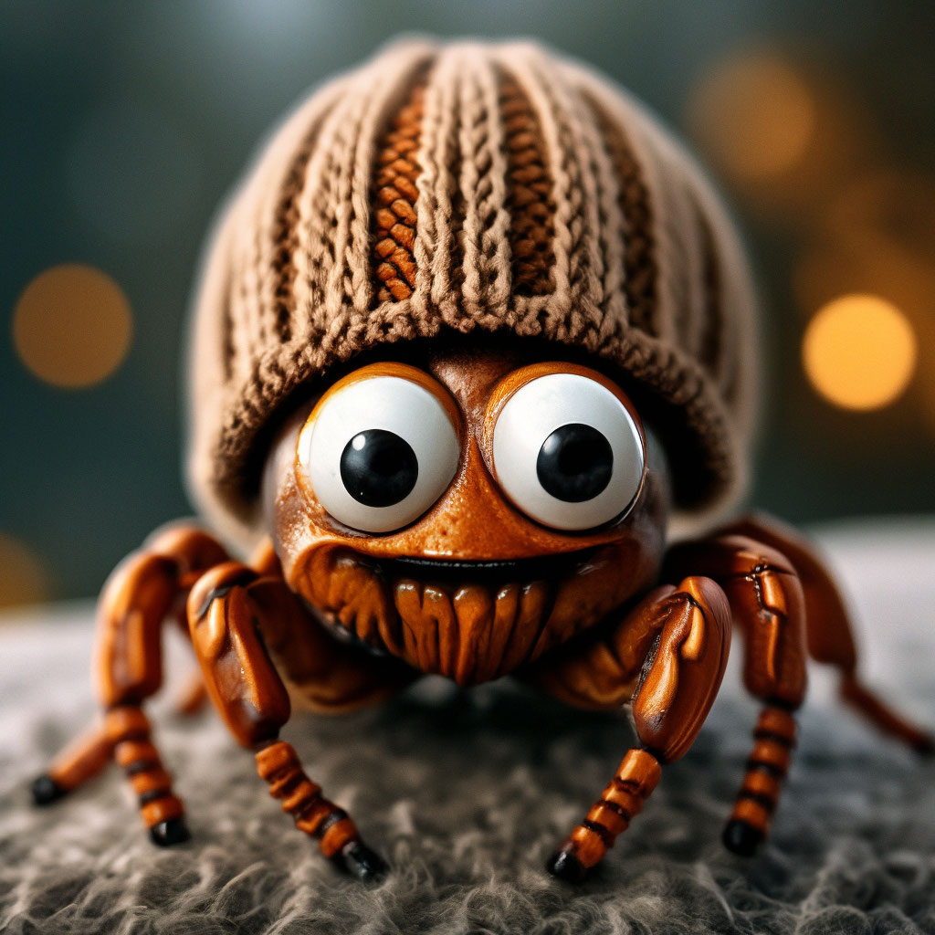 "Creep funny bug-eyed Colorado potato beetle,sitting, in a knitted hat ...