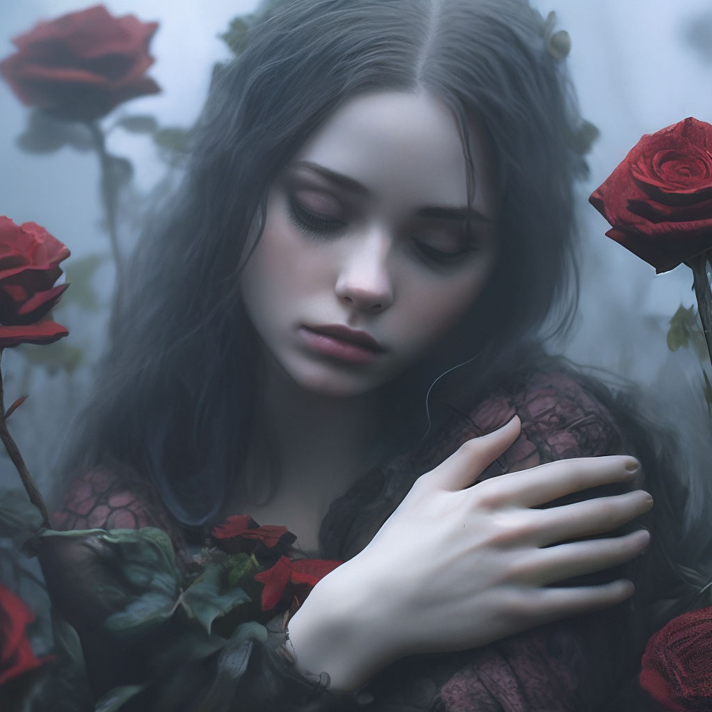 "Dark botanical, sad girl, big sad eyes, pale skin, hugs herself ...