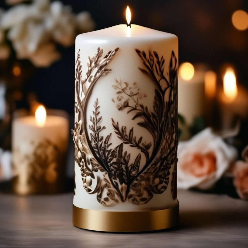 "Beautiful candle with engraving and flowers" — image created in Shedevrum