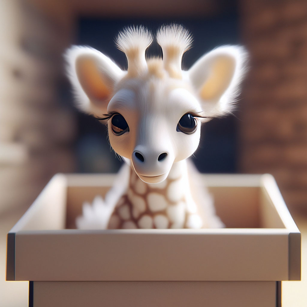 "Tiny ivory giraffe in a box, fluffy kitten cgi, 4k, f/2.8 ...