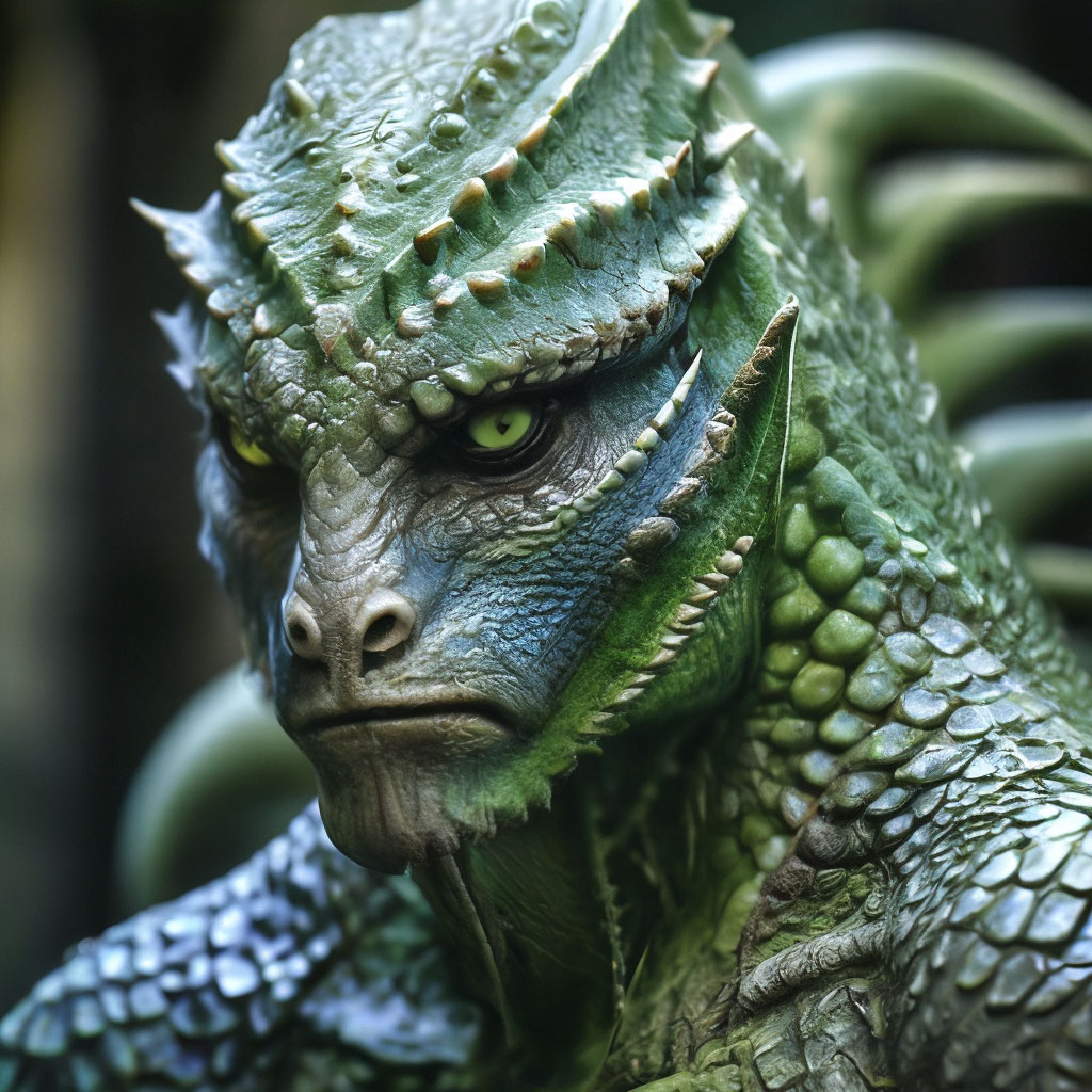 "Half-lizard man, transformation, lizard skin growths on the head, eyes ...