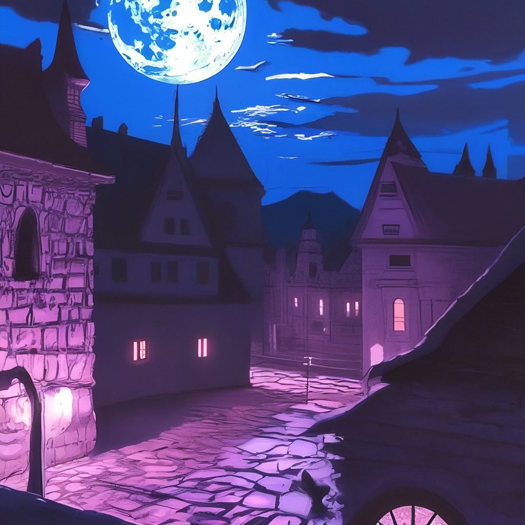 "Night. Blue-white flaming Moon on the whole sky on the background of ...
