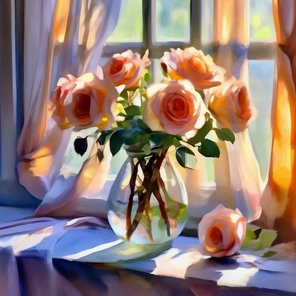 Watercolor Pastel Roses In A Glass Vase On The Table The Color Of