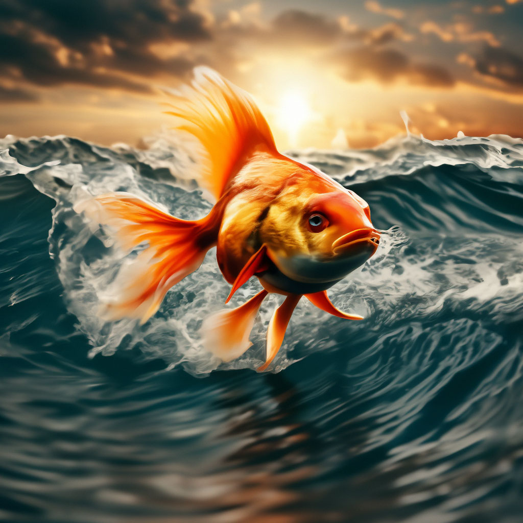 "A goldfish jumped out of the sea on a wave" — image created in Shedevrum