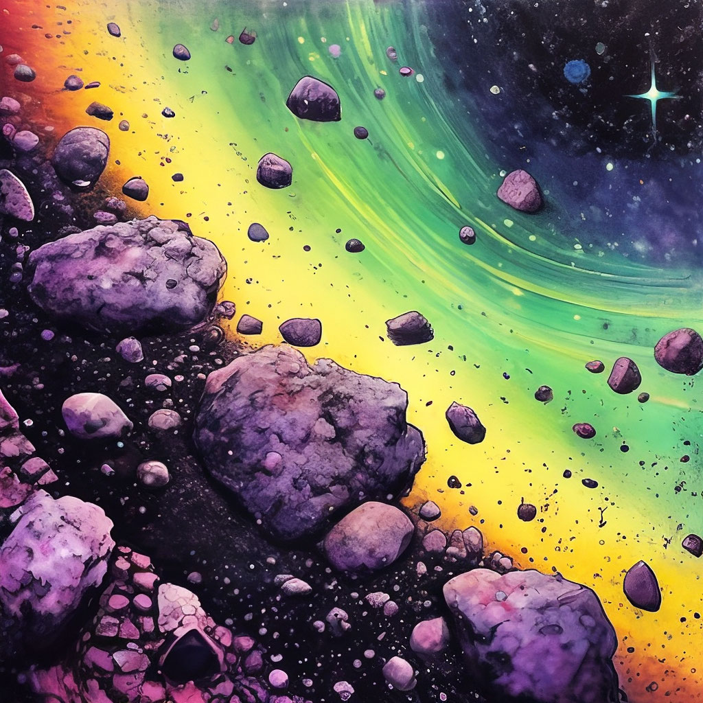 "A new world Against the background of a destroyed asteroid in space ...