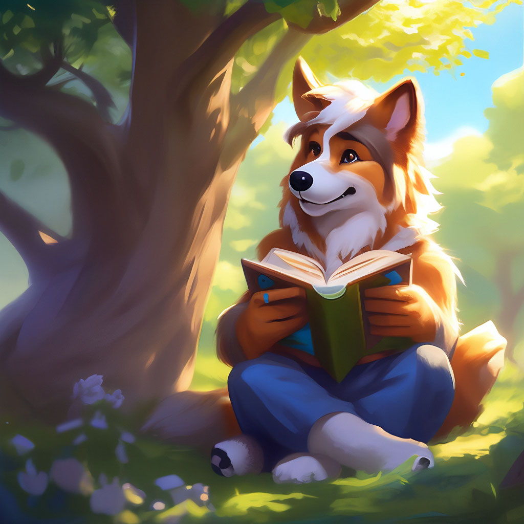 "Furry dog , anthropomorphic , sitting under a tree in a clearing ...