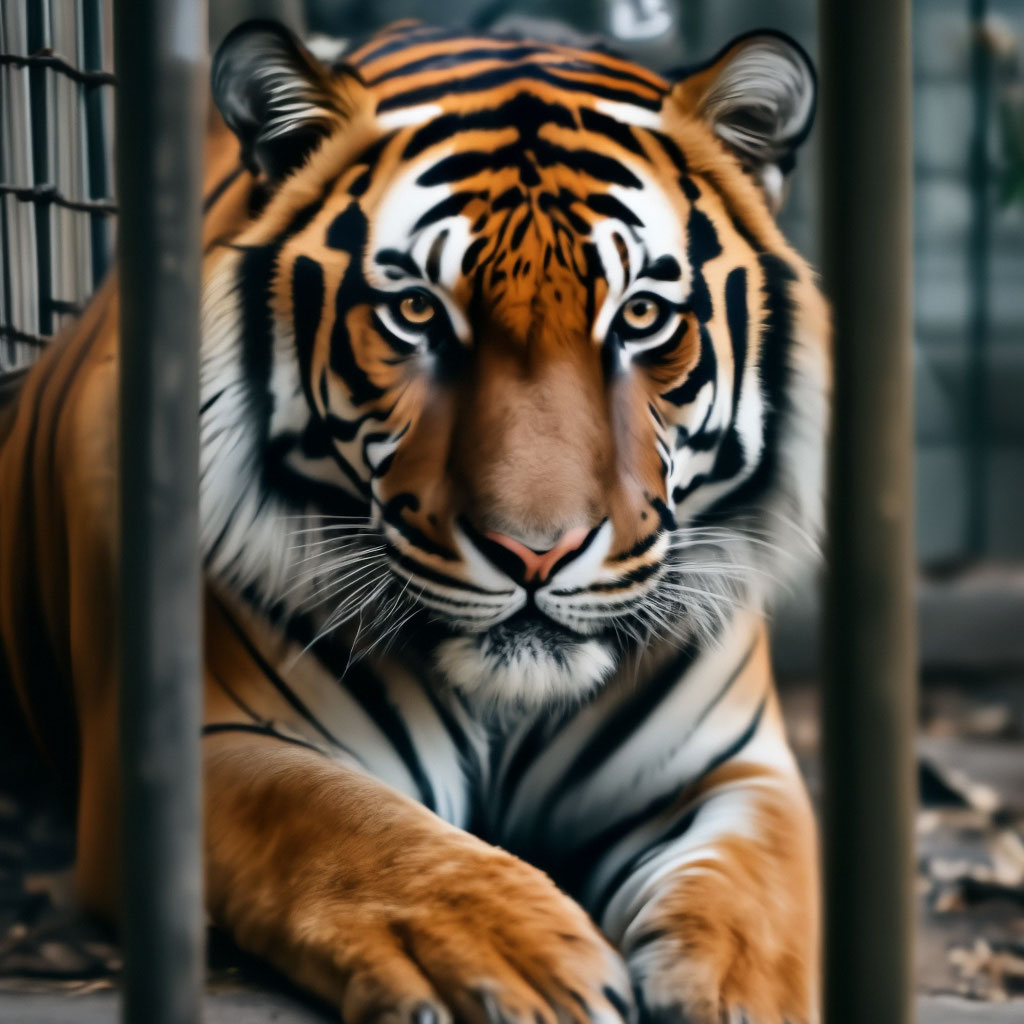 "A tiger sitting in a large cage, a very sad expression on its face ...