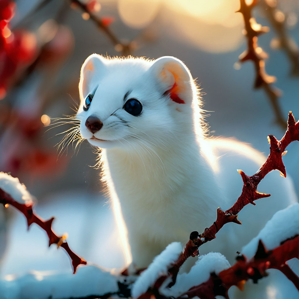 "Ermine is white with black spots, fluffy very cute close-up around ...