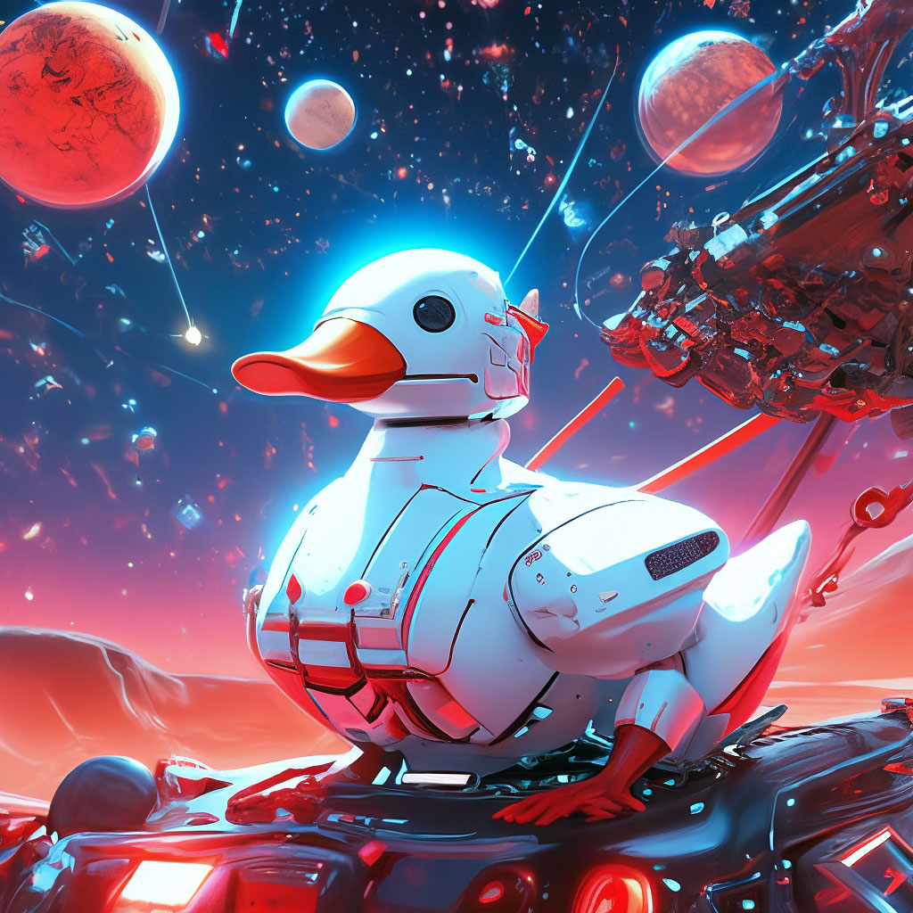 "The white duck is an electro robot with a red beak on Mars. there are ...