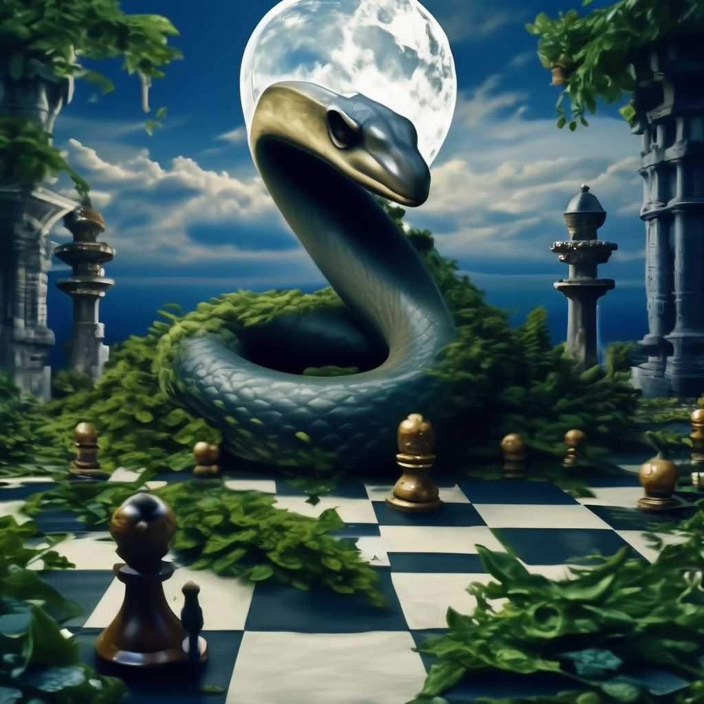 "The huge chessboard is overgrown with ivy. snake, full of toads.A huge ...