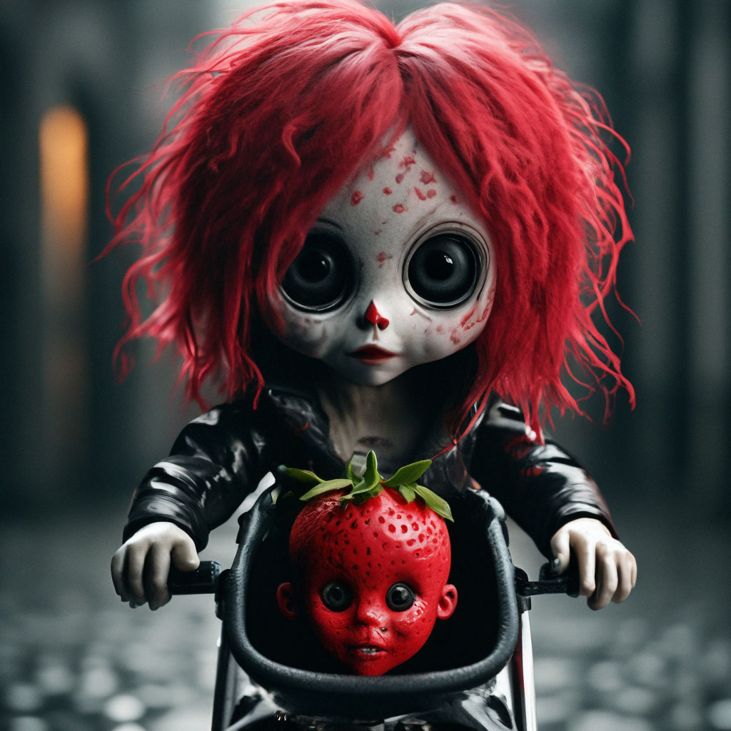 "Strawberry, horror doll rides a horror doll in a stroller ...