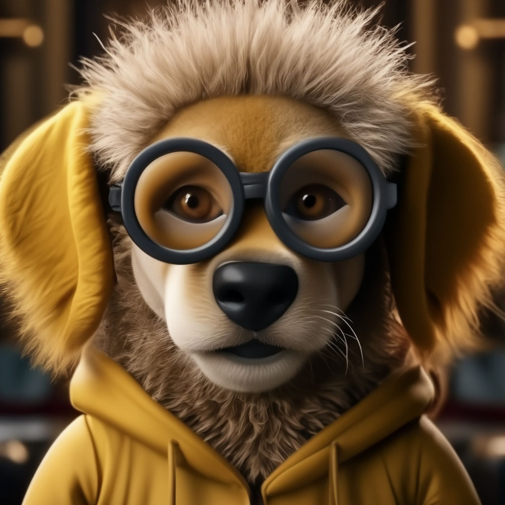 "Lion-headed minion with big elephant ears wearing glasses, realistic ...