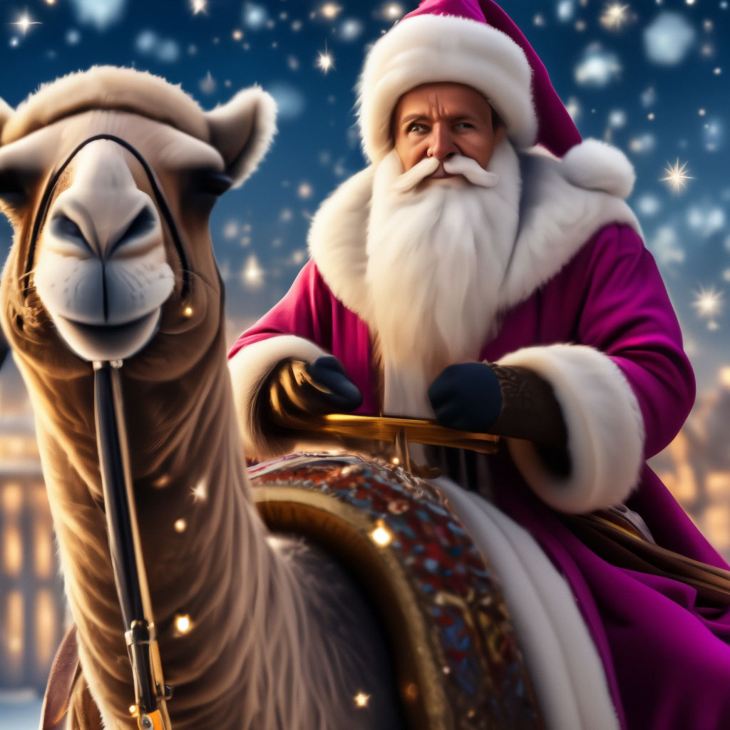 "Santa Claus in a hat rides a Camel with gifts in faberge haute couture ...