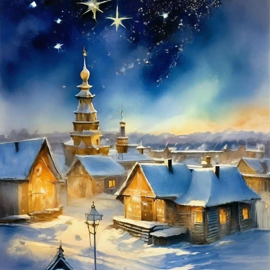 "Russian Russian winter village, the star of Bethlehem in the evening ...