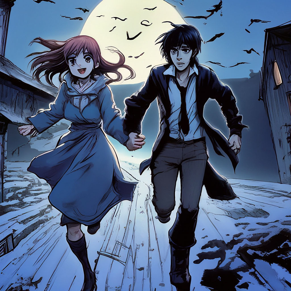 "Emo girl and vampire guy holding hands running away from monsters ...