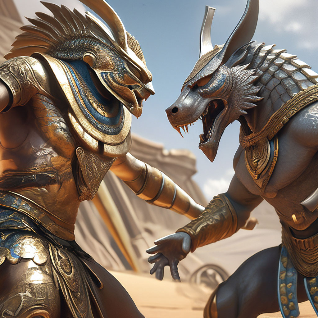 "Anubis ancient Egypt, fighting a dragon, +coherent, intricate ...