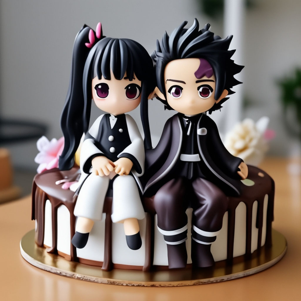 "A cake with a figure of Tangiro and Kanao sitting on a cake made of ...