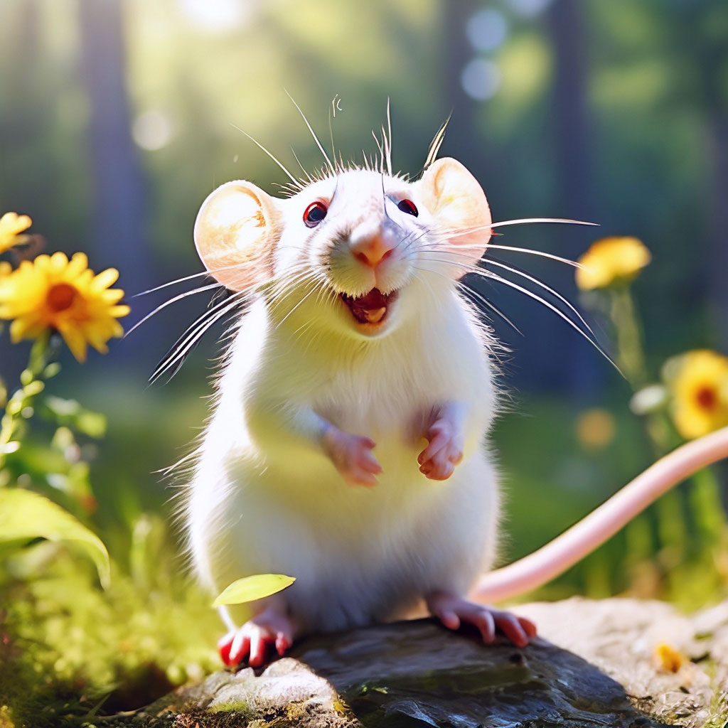 "Cute white rat, smile, sitting in a sunny clearing" — image created in ...