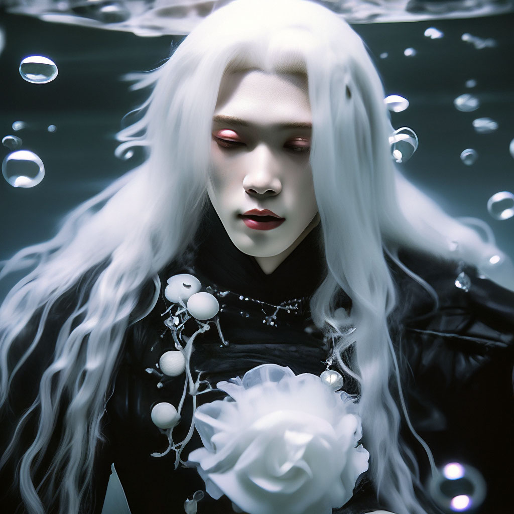 "A handsome young albino Korean guy with very long white hair immersed ...