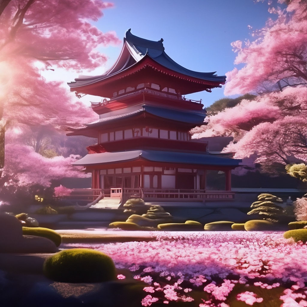 "Sakura garden, with a three-story minka on the background, Japanese ...