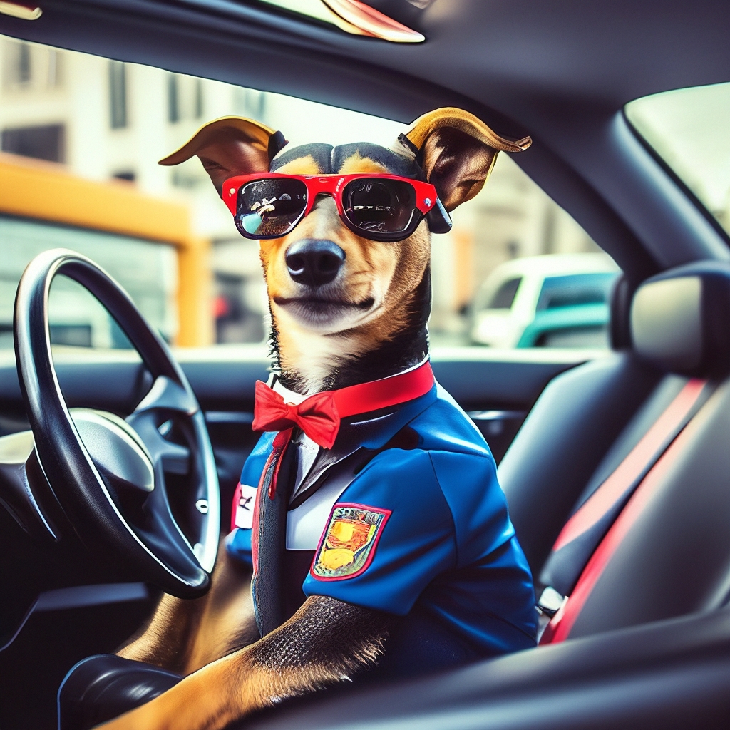 "Taxi driver dog on a cool sports car" — image created in Shedevrum