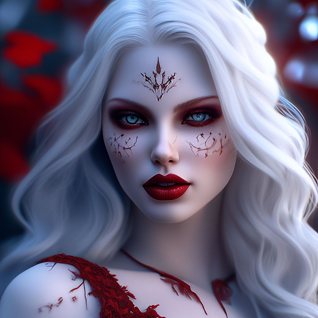 "Vampire girl, white hair, red lips, pale skin, white shimmer ...