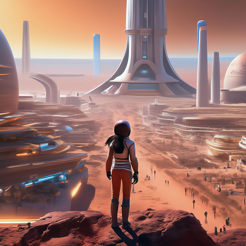 "A girl on the planet Mars is standing in a megalopolis" — image ...