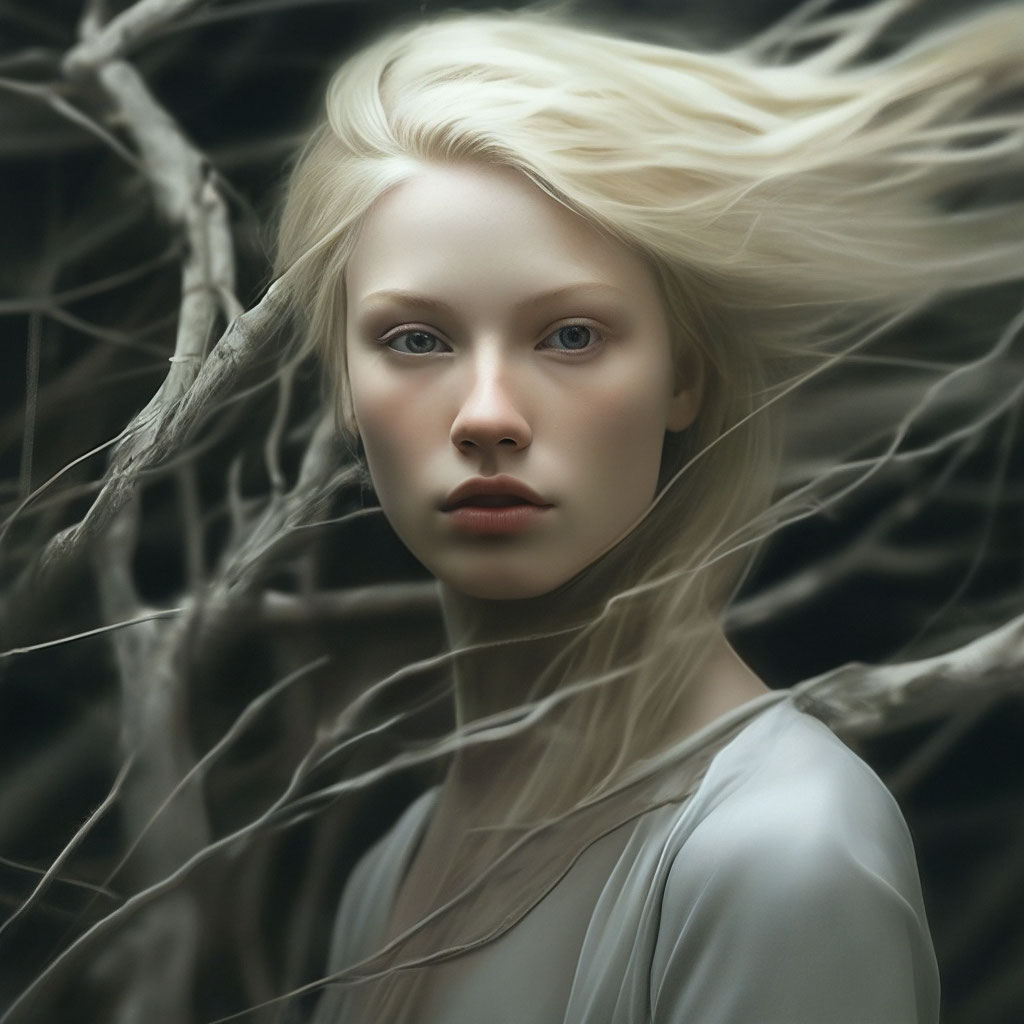 "Blonde girl with very fine facial features, strange face hands in the ...