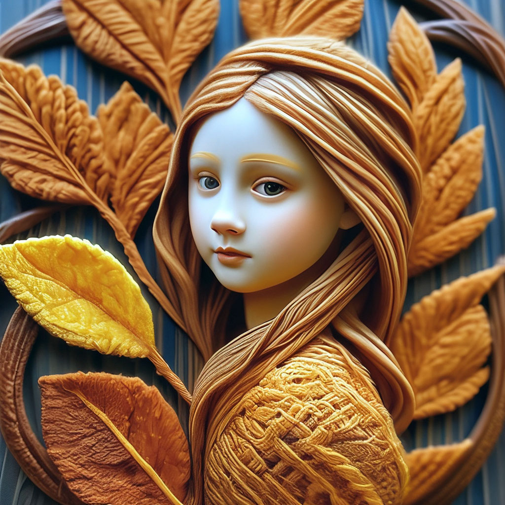 "Autumn leaf, a portrait of a girl is carved on it, the technique of ...