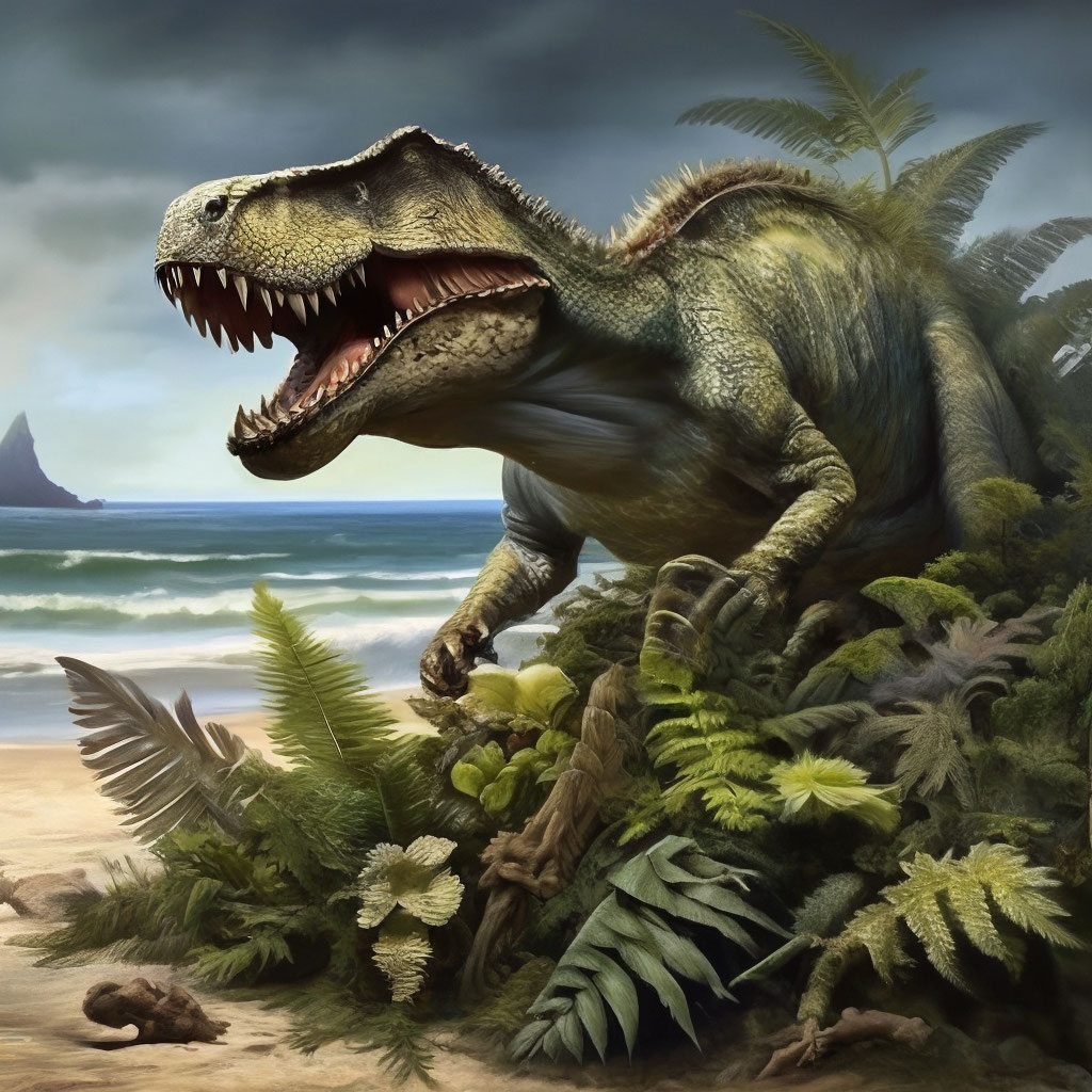 "Jurassic period, sea, ferns, tyrannosaurus rex on the beach, dark ...
