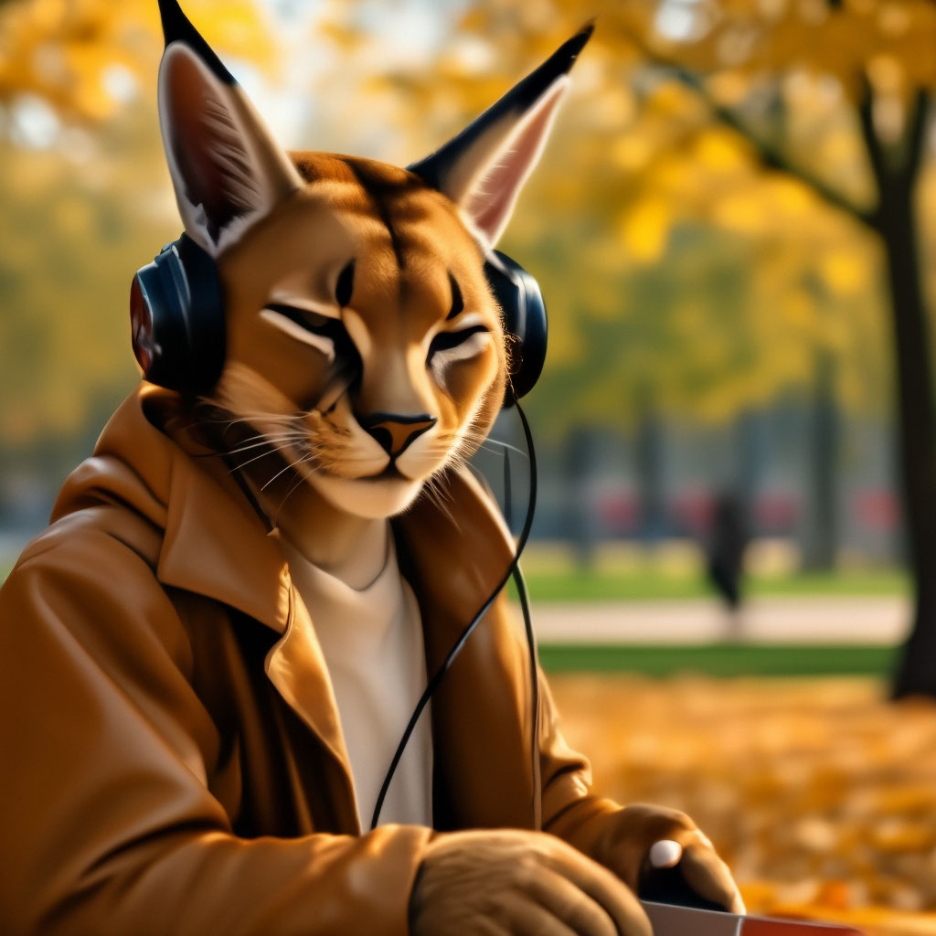 "The anthropomorphic caracal enjoys listening to music in the park with ...
